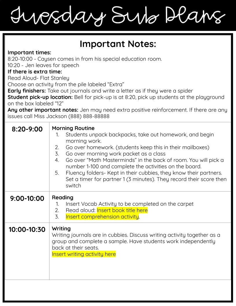 Sub Plans Template in 3 Easy Steps
